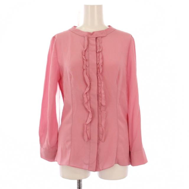 【中古】プラダ PRADA シャツ ブラウス バンドカラー 長袖 フリル ワンカラー シルク 38 ピンク /BB レディース