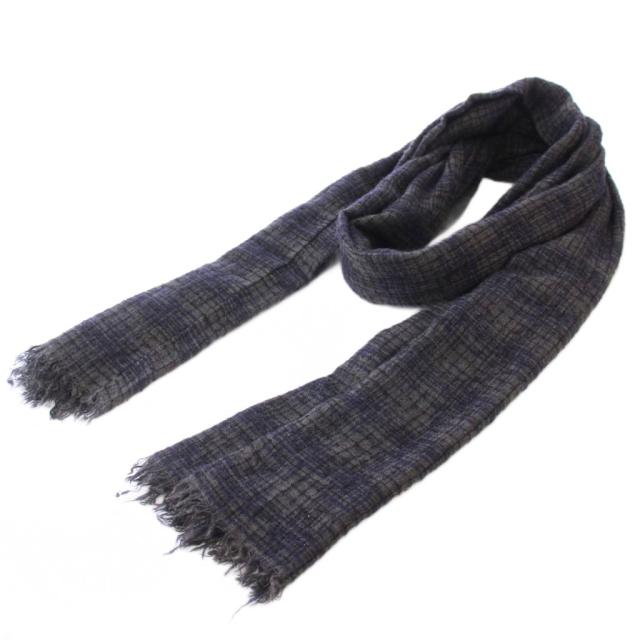【中古】ファリエロサルティ Faliero Sarti ストール フリンジ チェック柄 バイカラー 紺 ネイビー グレー
