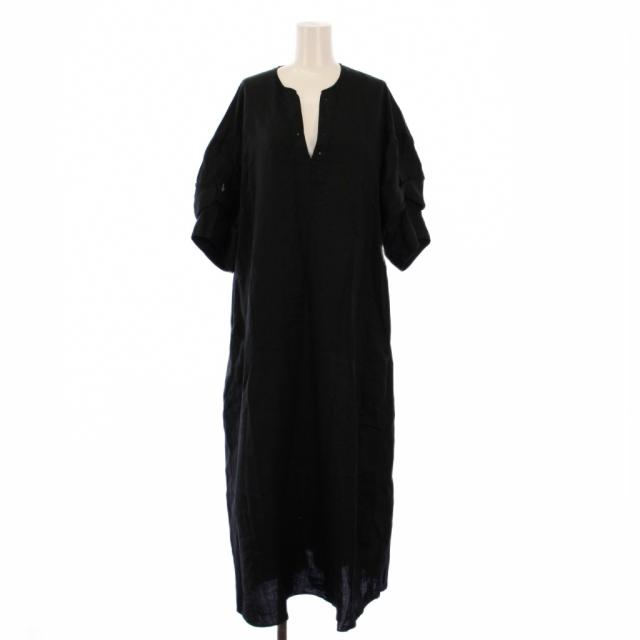 【中古】ティッカ TICCA リネンツイストスリーブワンピース マキシ ロング スキッパー 五分袖 ワンカラー F 黒