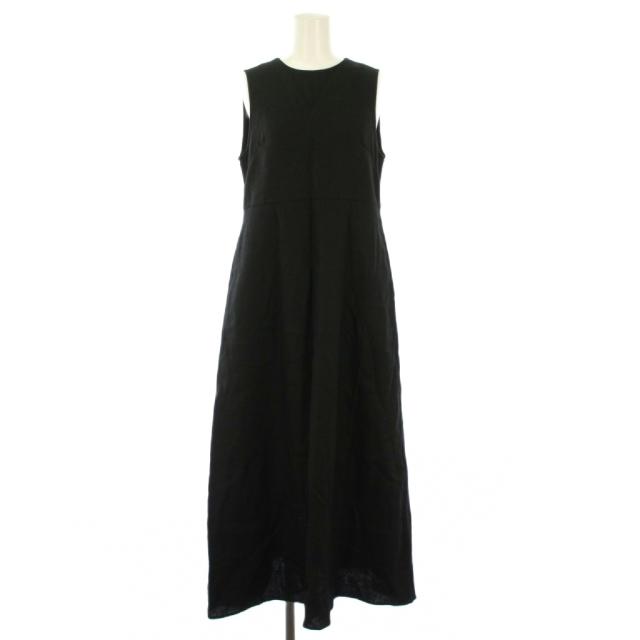 【中古】メヤメ MEYAME LINEN DRESS リネンドレス フレアワンピース マキシ ロング ノースリーブ クルーネック F 黒
