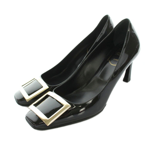 【中古】ロジェヴィヴィエ ROGER VIVIER トランペット パテントレザー パンプス ヒール 36.5 ブラック レディース