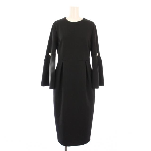 【中古】ユナイテッドアローズ SPONGYフレアスリーブワンピース タイト ひざ丈 長袖 クルーネック ストレッチ 38 黒