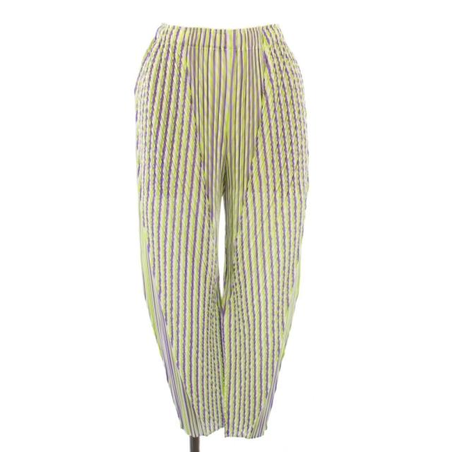 【中古】プリーツプリーズ イッセイミヤケ テーパードパンツ イージーパンツ 総柄 2 黄緑 紫 PP31JF692/2 レディース