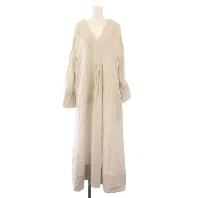 【中古】カオス アルパカリネンカフカワンピース フレア マキシ ロング 長袖 Vネック 無地 ワンカラー ライトグレー