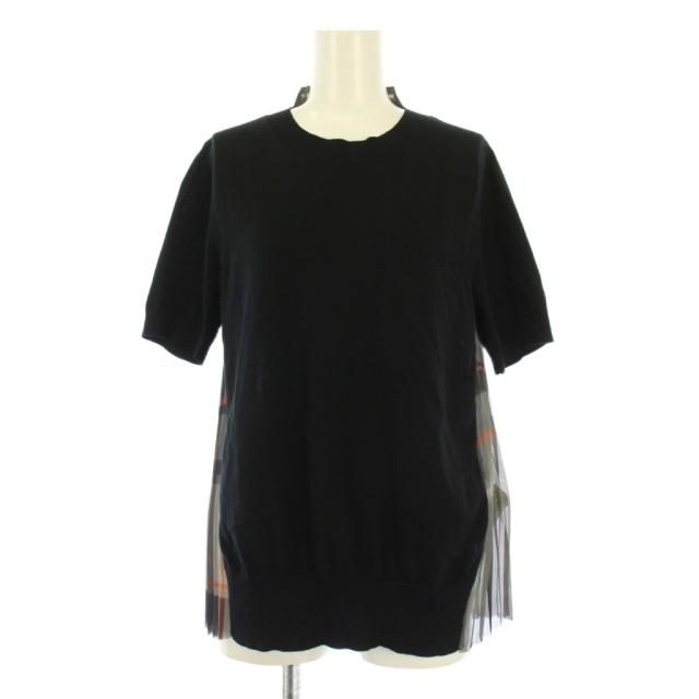 【中古】サカイ sacai Tシャツ カットソー 半袖 クルーネック プリーツ 切替 チェック柄 1 黒 ブラック グレー