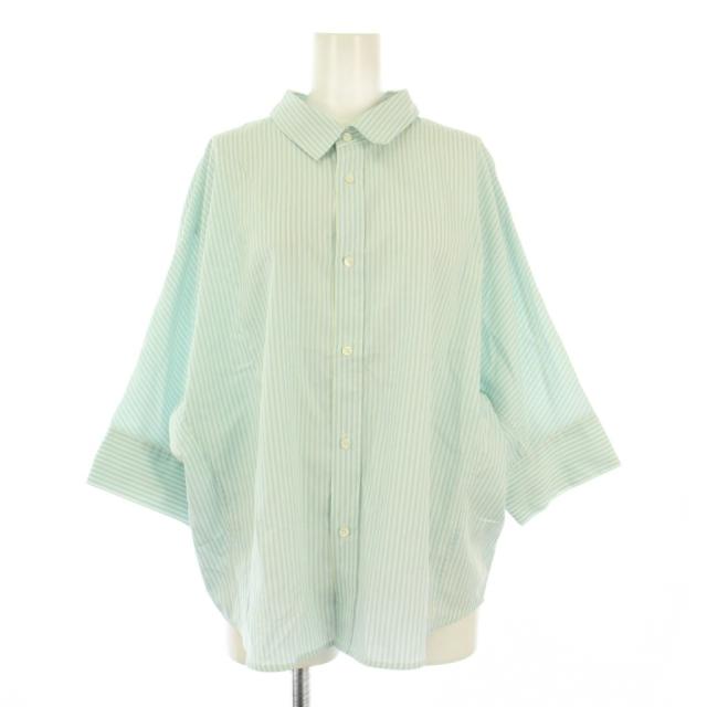 【中古】マカフィー コットンブロードドルマンスリーブシャツ ブラウス 七分袖 レギュラーカラー ストライプ柄 水色
