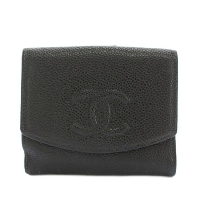 【中古】シャネル CHANEL キャビアスキン ココマーク 財布 二つ折り 小銭入れ 8番台 レザー 黒  ■OH レディース