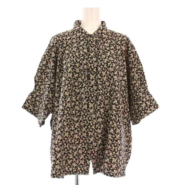 【中古】ヌーベルドゥパラディ 綿麻フラワープリントワイドブラウス シャツ レギュラーカラー 花柄 ベージュ 黒