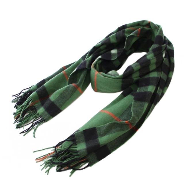 【中古】ジョンストンズオブエルガン drawer別注 大判ストール マフラー フリンジ カシミヤ チェック柄 緑 黒