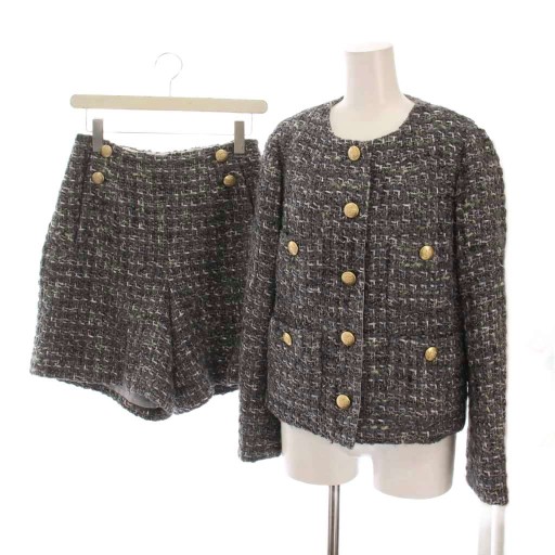 【中古】グレースクラス 23AW マルチヤーンツイードジャケット ショートパンツ セットアップ 上下 金ボタン 36 グレー