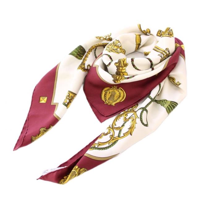 【中古】エルメス HERMES カレ90 LES CLES THE KEYS RARE スカーフ 正方形 シルク 総柄 ボルドー 白 ホワイト