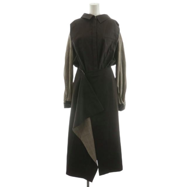 【中古】アイレネ IRENE シャツワンピース ロング 長袖 チェック柄 コットン 36 茶 ブラウン 20A85005