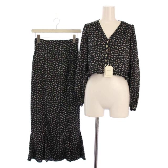 【中古】デイシー セットアップ 上下 ブラウス シャツ 長袖 Vネック フレアスカート ロング 花柄 F 0 黒 レディース