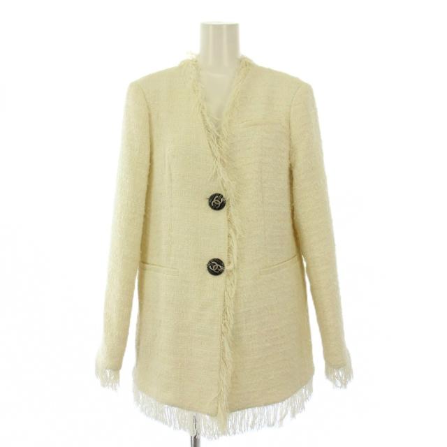 【中古】シャネル uniform ノーカラージャケット アウター ツイード フリンジ ココボタン ロゴ ウール シルク 36 白