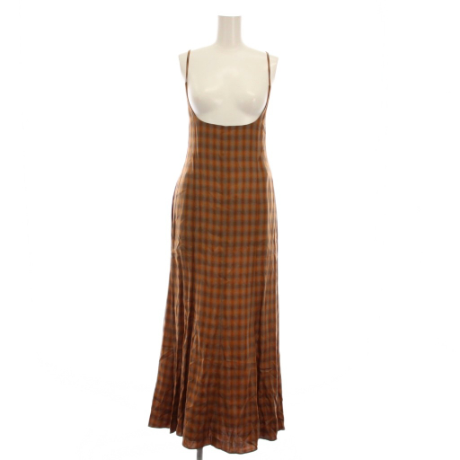 【中古】未使用品 マメクロゴウチ  23SS リネン ミックス オンブレチェック キャミソール ドレス ワンピース 2 茶色