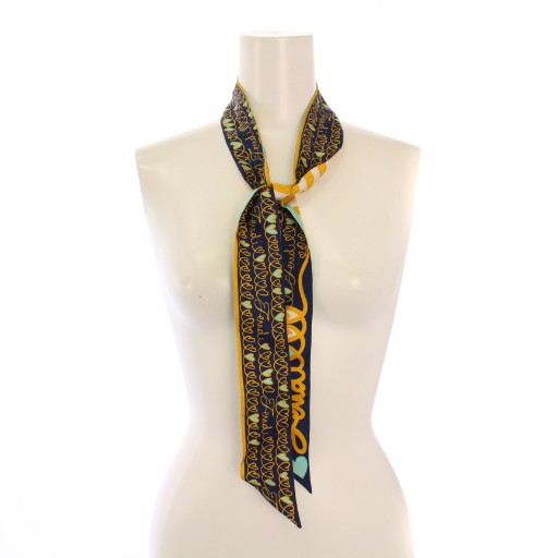 【中古】フェンディ FENDI ラッピー スカーフ ハート柄 ストライプ柄 ロゴ 総柄 紺 ネイビー 黄色 イエロー