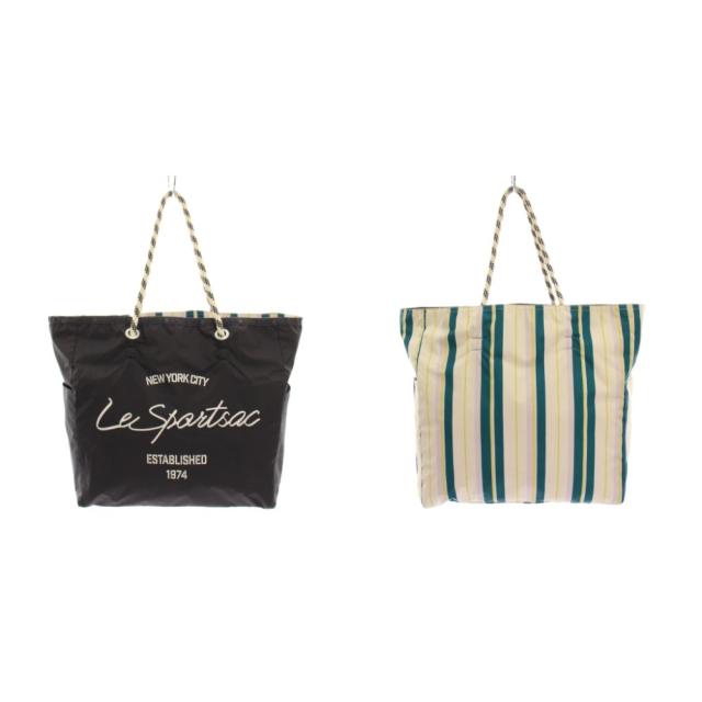 【中古】レスポートサック LesportSAC LARGE 2 WAY TOTE トートバッグ リバーシブル ストライプ ナイロン グレー 白
