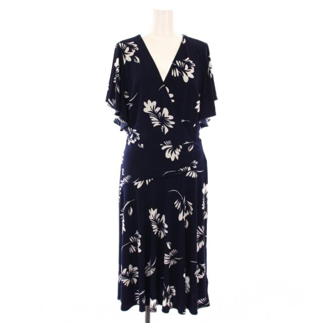 【中古】未使用品 ローレンラルフローレン ワンピース 総柄 半袖 ひざ丈 カシュクール 6 ネイビー レディース