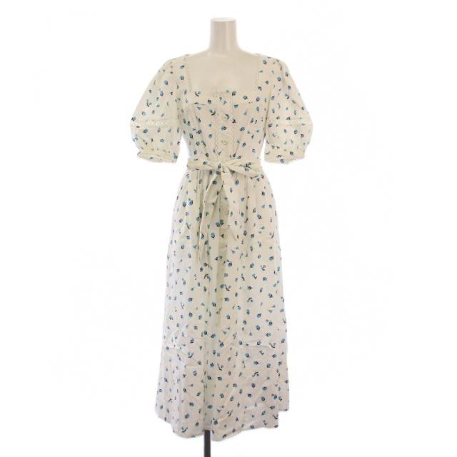 【中古】ケイトスペード KATE SPADE フレアワンピース ミモレ ロング 半袖 パフスリーブ スクエアネック 花柄 白 青