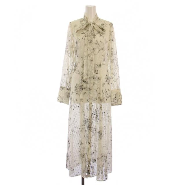 【中古】フレイアイディー プリントボウタイワンピース フレア マキシ ロング 長袖 シアー 花柄 0 アイボリー