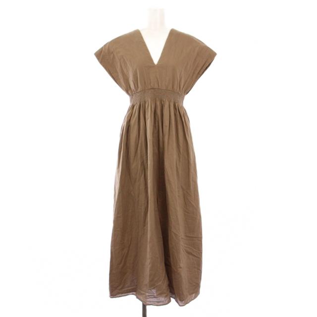 【中古】マリハ MARIHA 夏の光のドレス フレアワンピース マキシ ロング フレンチスリーブ 半袖 Vネック 無地 36 茶