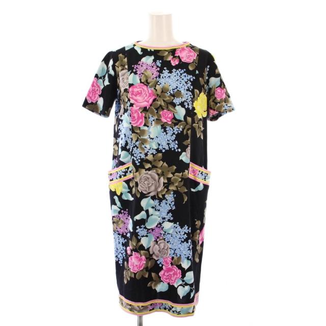 【中古】レオナール LEONARD FASHION ワンピース ひざ丈 半袖 クルーネック ストレッチ 花柄 38 黒 マルチカラー