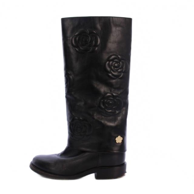 【中古】シャネル CHANEL 2016年製 カメリア ロングブーツ カーフレザー 38C 黒 G32098 /KH レディース