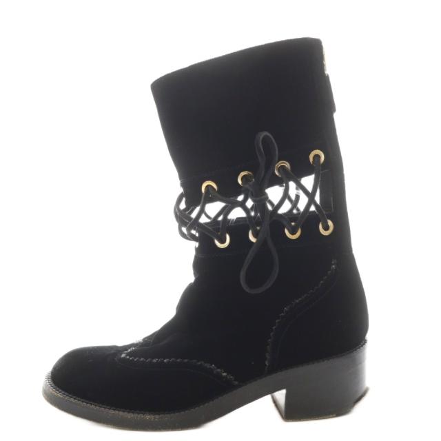 【中古】シャネル CHANEL 2016年製 ココマーク ショートブーツ チャンキーヒール ラウンドトゥ ロゴ 38C 黒 G32252