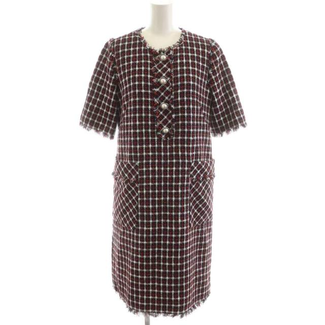 【中古】ルネ Rene 25年製 ワンピース ミモレ ロング 半袖 ツイード パールボタン ノーカラー 34 赤 黒 白