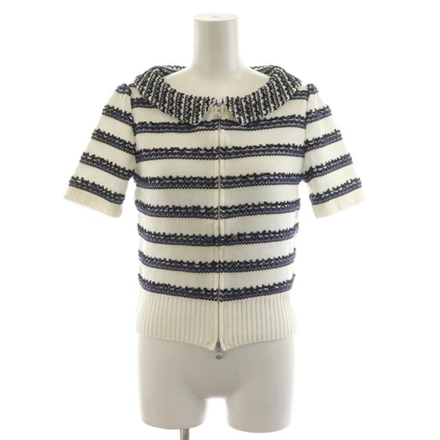 【中古】ルネ Rene 21年製 カーディガン 半袖 カメリアジップ ボーダー 麻 リネン混 34 白 ホワイト 紺 6122290