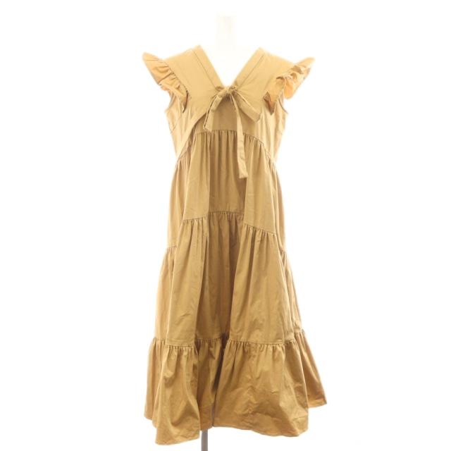 【中古】オブリ OBLI ワンピース ミモレ ロング ノースリーブ フリル リボン ギャザー コットン 0 ベージュ