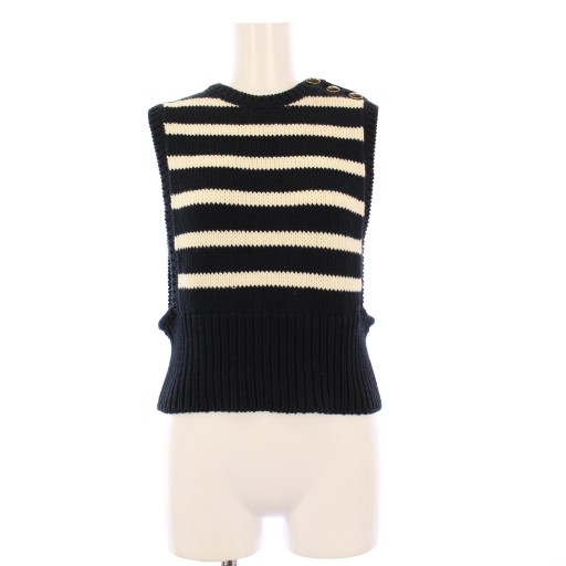 【中古】クリスチャンディオール ニットベスト ボーダー ロゴボタン カシミヤ混 I44 黒 白 114T36AM714