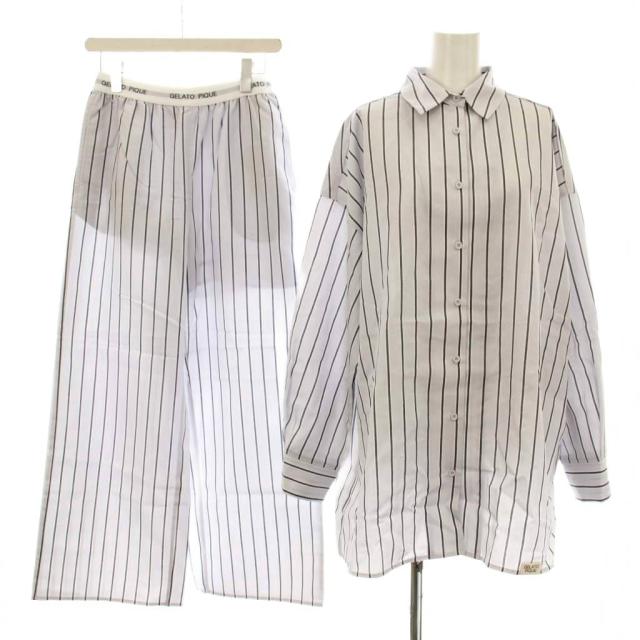 【中古】ジェラートピケ 25SS ストライプロングパンツ ロングシャツ セットアップ ルームウェア パジャマ F グレー