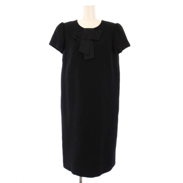 【中古】フォクシー ワンピース ひざ丈 半袖 クルーネック ニット 切替 ウール シルク混 リボン 40 黒 ブラック