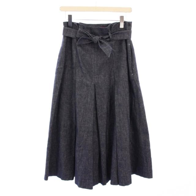 【中古】マックスマーラステュディオ フレアスカート ミモレ ロング デニム 無地 ベルト 麻 リネン 42 インディゴ