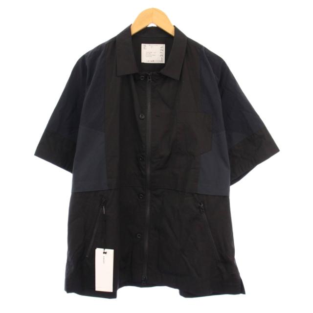 【中古】未使用品 サカイ カジュアルシャツ 半袖 レギュラーカラー ジップアップ 3 黒 ブラック 紺 タグ付き