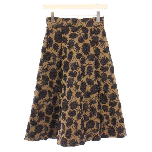 【中古】アナイ ANAYI フレアスカート ミモレ ロング 花柄 バイカラー 34 黒 ブラック 茶 ブラウン /BB レディース
