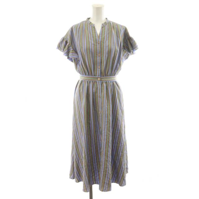 【中古】アナイ ANAYI ワンピース 半袖 ミモレ ロング ストライプ柄 ギャザー 袖フリル 34 ベージュ 青