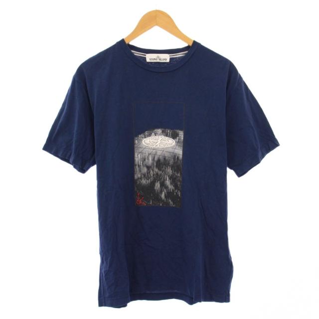 【中古】ストーンアイランド STONE  Tシャツ 半袖 クルーネック ストレッチ プリント M 紺 ネイビー