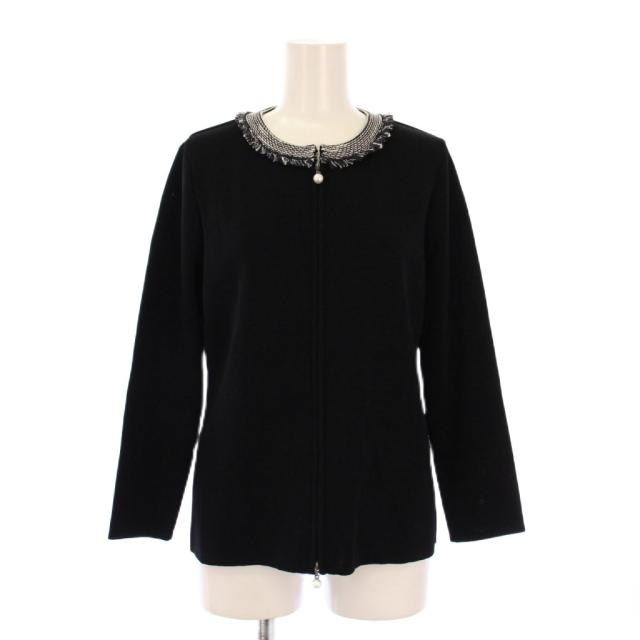 【中古】未使用品 ルネ Rene パールスライダージップアップカーディガン ニット ショート丈 36 黒 ブラック 6412890