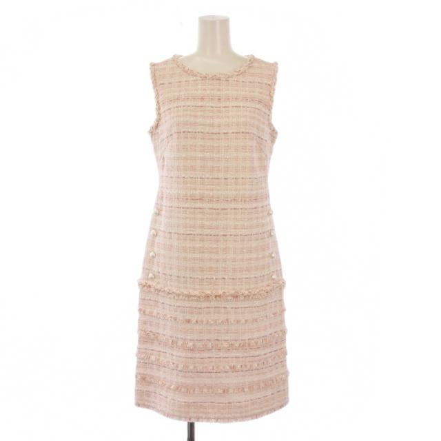 【中古】未使用品 ルネ Rene MALHIA KENT生地 フレアワンピース ひざ丈 ノースリーブ クルーネック ツイード ピンク