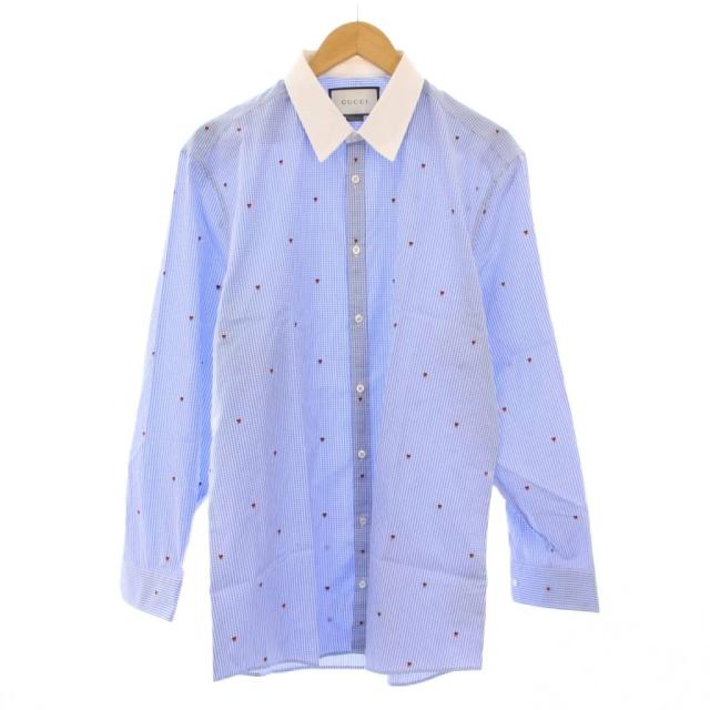 【中古】グッチ GUCCI カジュアルシャツ 長袖 レギュラーカラー チェック柄 ハート柄 刺繍 43 青 ブルー /BB メンズ