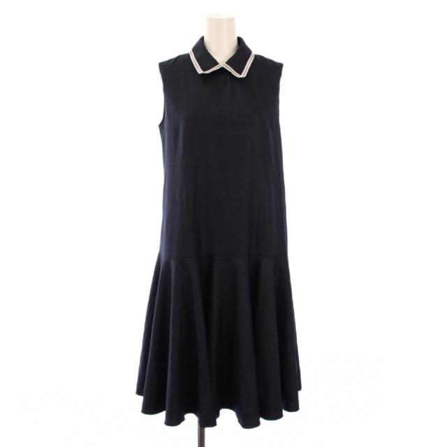 【中古】フォクシーニューヨーク リーブルドレス フレアワンピース ミモレ ロング ノースリーブ 38 紺