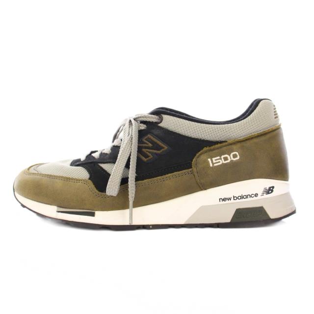 【中古】ニューバランス 1500 ローカットスニーカー シューズ 厚底 メッシュ スエード 切替 ロゴ カーキ 黒 グレー