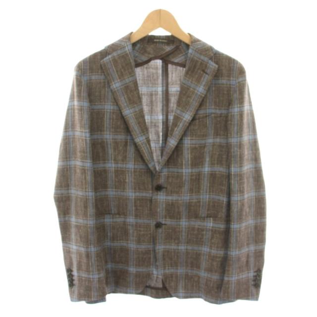 【中古】タリアトーレ テーラードジャケット シングル チェック柄 麻 リネン混 46/R 茶 水色 1SMC22K メンズ