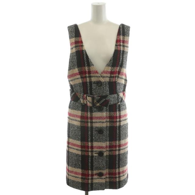 【中古】ブルーレーベルクレストブリッジ ジャンパースカート ひざ丈 チェック柄 ベルト付き 36 ベージュ 黒 赤
