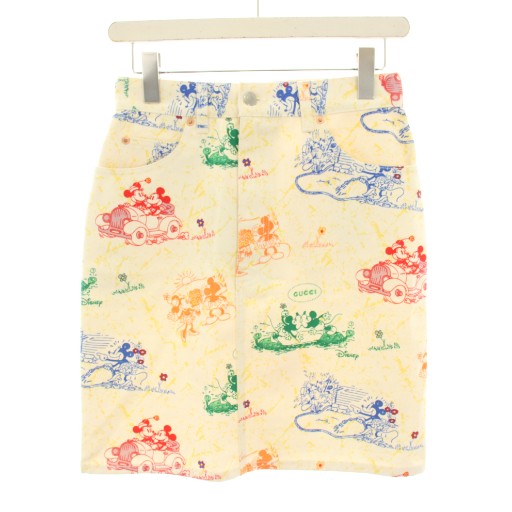 【中古】未使用品 グッチ ディズニー ミッキー&ミニー スカート ひざ丈 タイト 総柄 38 ベージュ 539778 レディース