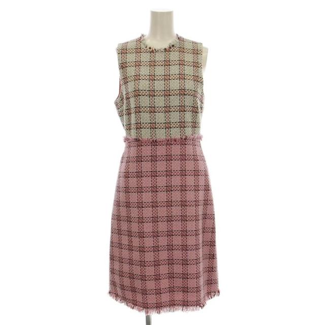 【中古】グッチ GUCCI ノースリーブ ツイード ワンピース フリンジ ひざ丈 チェック 36 白 ピンク 432663