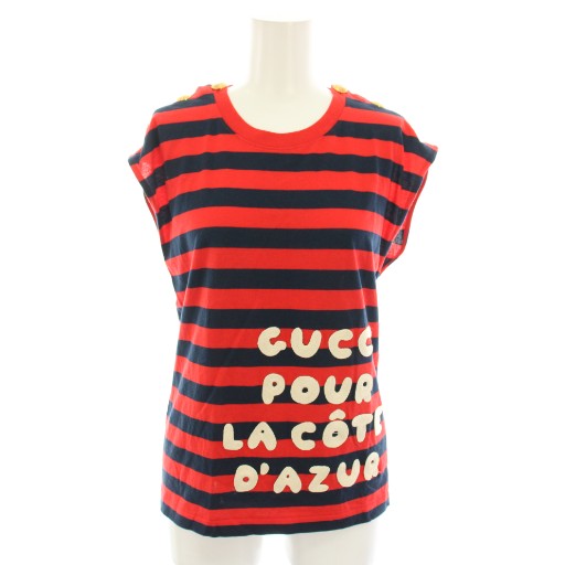【中古】グッチ カットソー ブラウス 半袖 フレンチスリーブ ボーダー柄 ロゴ刺繍 XXS 赤 紺 572980 レディース