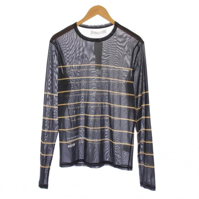 【中古】未使用品 ヨウヘイオオノ メッシュトップス カットソー 長袖 クルーネック シアー ボーダー柄 グレー 黄色